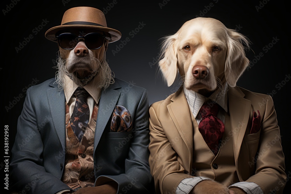 Two dogs, clad in tailored coats and suits, exude an unmatched elegance ...