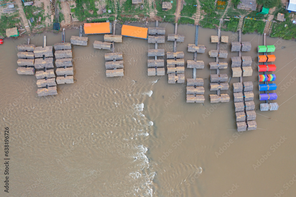 Aerial of lake or river water rafting, paddling on boat canal in park ...