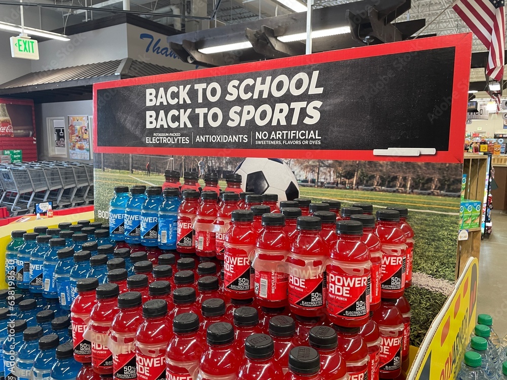 IGA Grocery store powerade display back to school top view Stock Photo ...