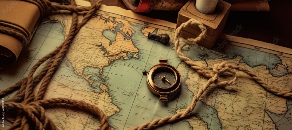 American flag and compass on treasure map on the tab Stock Photo ...