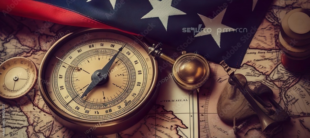 American flag and compass on treasure map on the tab Stock Photo ...