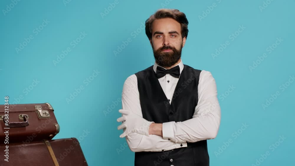 Experienced confident bellhop in studio, wearing formal hotel lobby ...