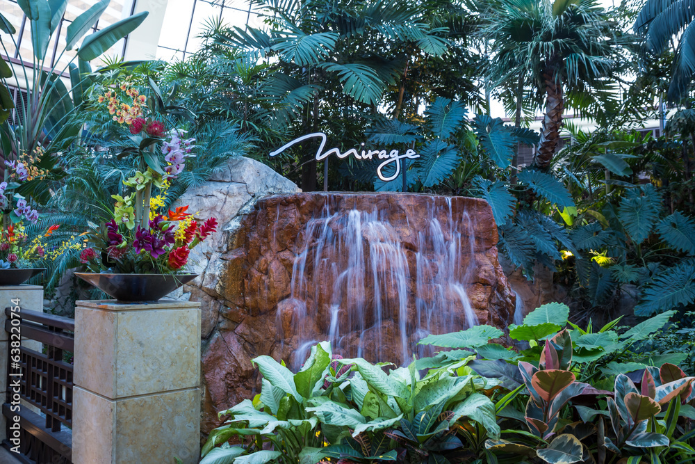Beautiful indoor waterfalls in The Mirage resort interior in Las Vegas ...