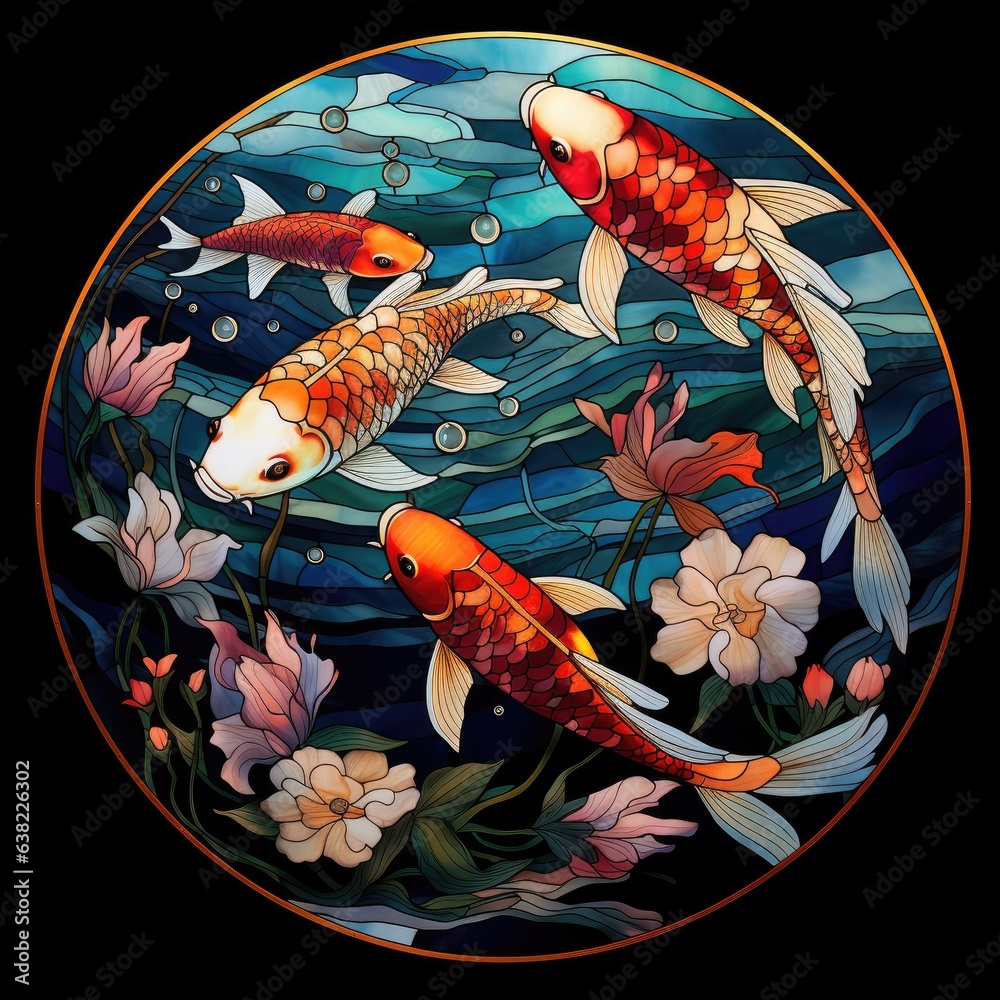Koi fish with flowers in pond, Koi fish in pond, Stained glass koi fish ...