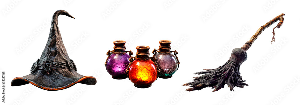 Witch's elements set with hat, potions bottles and broom over isolated ...