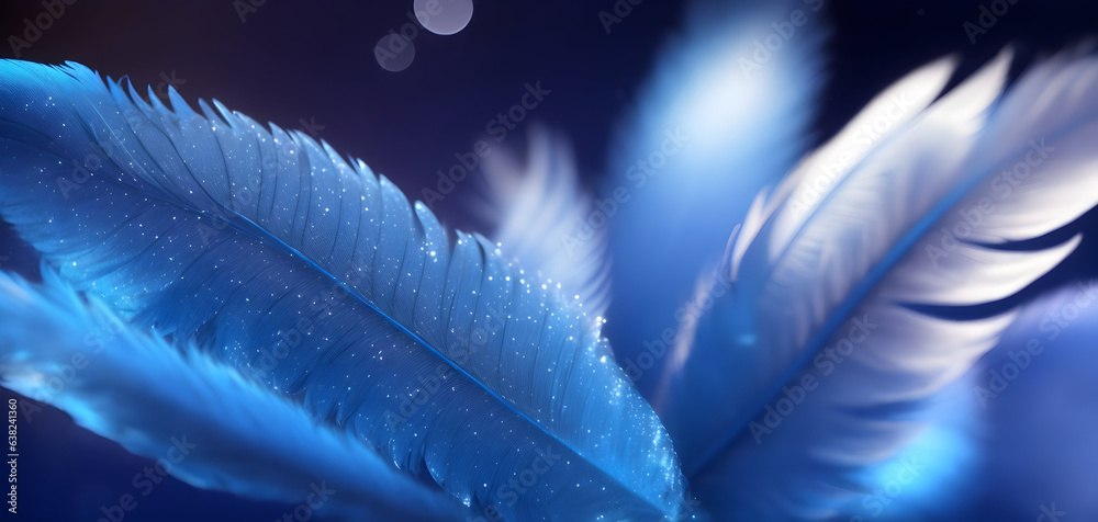 Blue feathers background with glitter and bokeh. Wallpaper for showcase ...