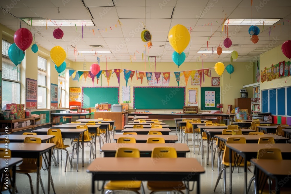 Empty classroom in an elementary school ready for the students coming ...