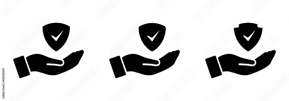 Security shield icon set on hand. Security shields logotypes with check ...