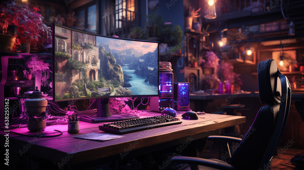 Computer Gaming PC on Video Gaming desk in a dark room with neon light ...