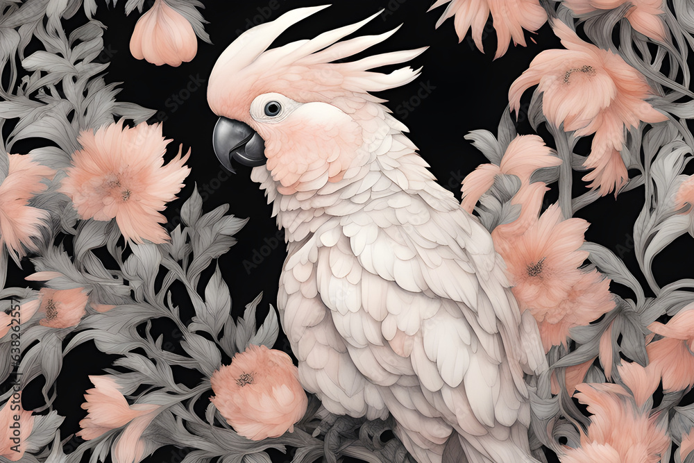 peach fluffy cockatoo inlay black flowers, animalism, hyper detail ...