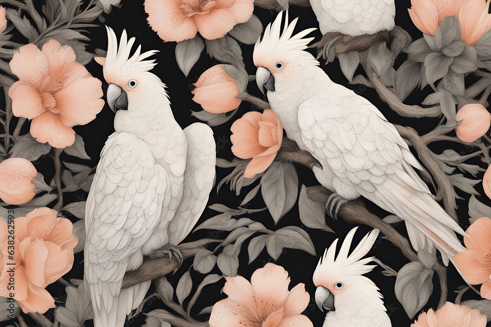 peach fluffy cockatoo inlay black flowers, animalism, hyper detail ...