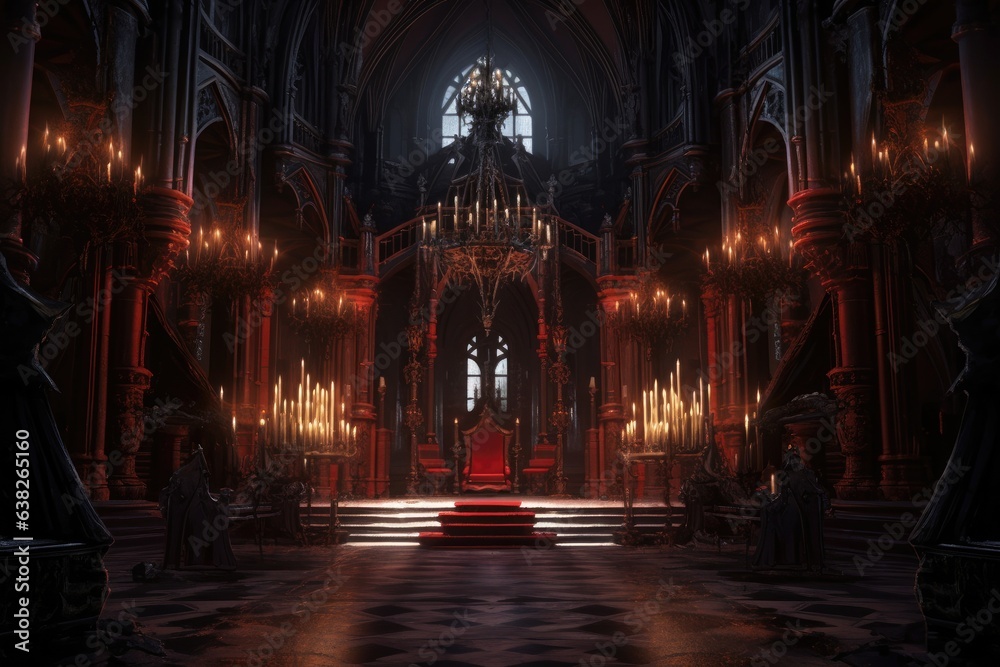 Gothic and regal scene set in an opulent vampire court. A grand hall ...