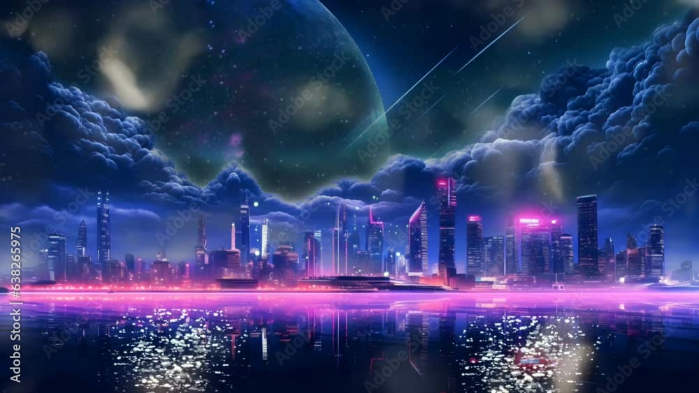night city skyline landscape on neon style animation. Seamless loop 4k ...