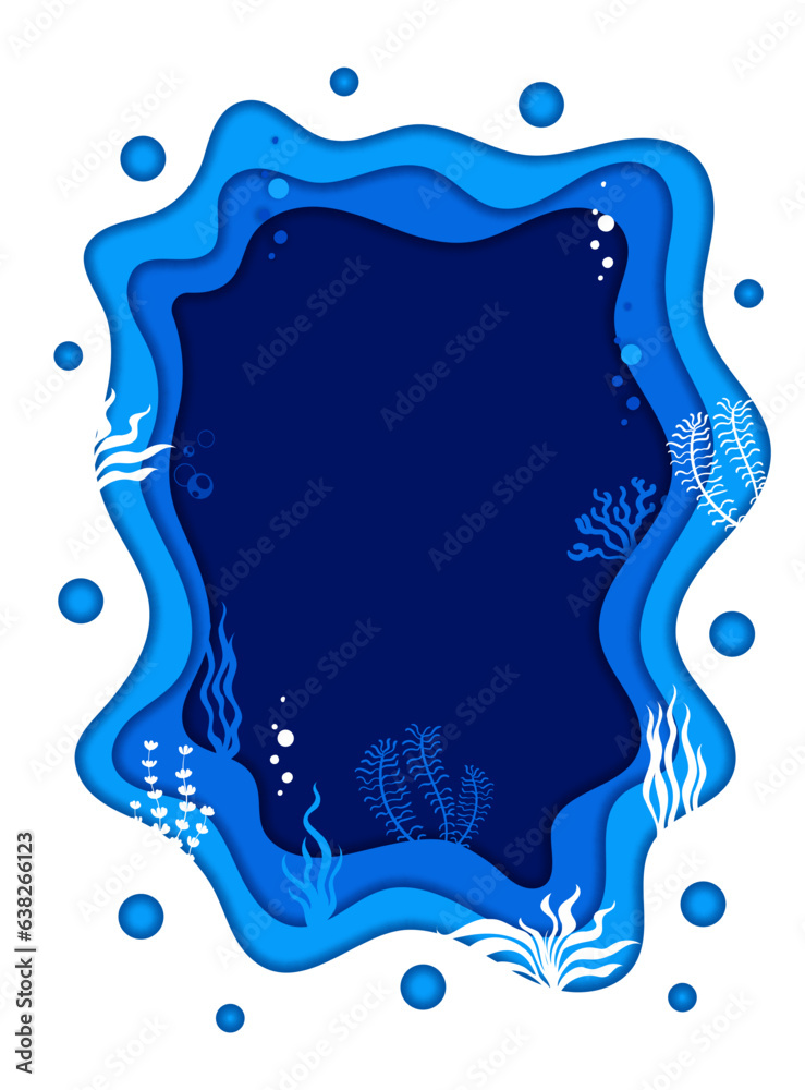 Paper cut frame, blue sea waves and underwater seaweeds. Sea nature ...
