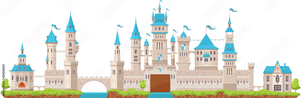 Wall and palace, gate and tower turret of Medieval fortress castle ...