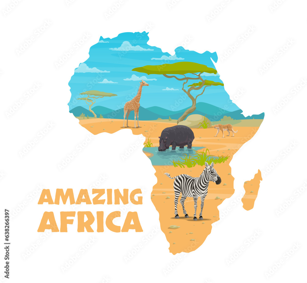 Cartoon African animals on map of Africa for travel poster, vector ...