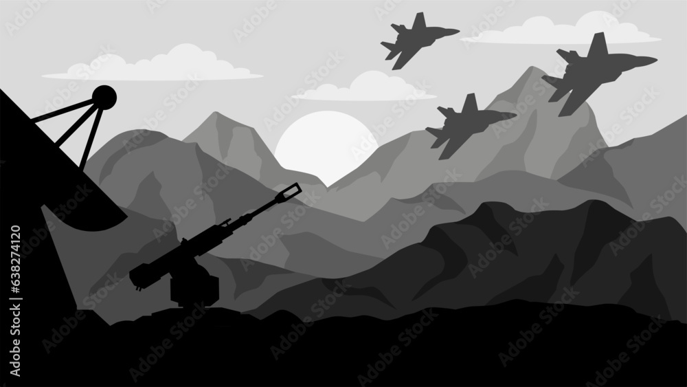 Military landscape vector illustration. Military army with fighter jet ...