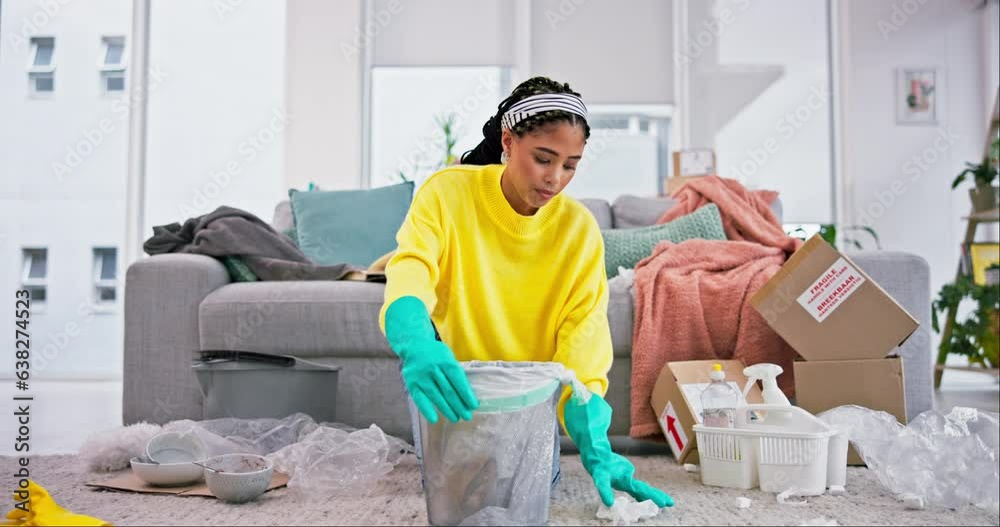 Cleaning, garbage and woman in living room with rubbish and tired from ...