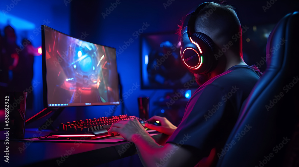 Professional male esports streamer playing online game computer with ...