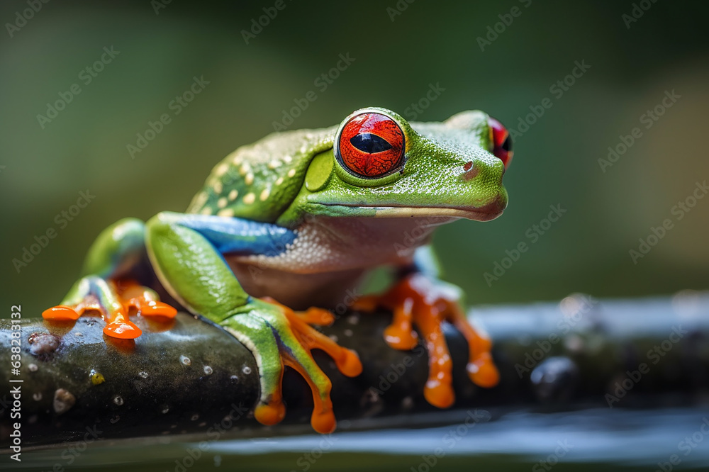 Beautiful poison red eyes frog with green skin on rbranch tree with ...