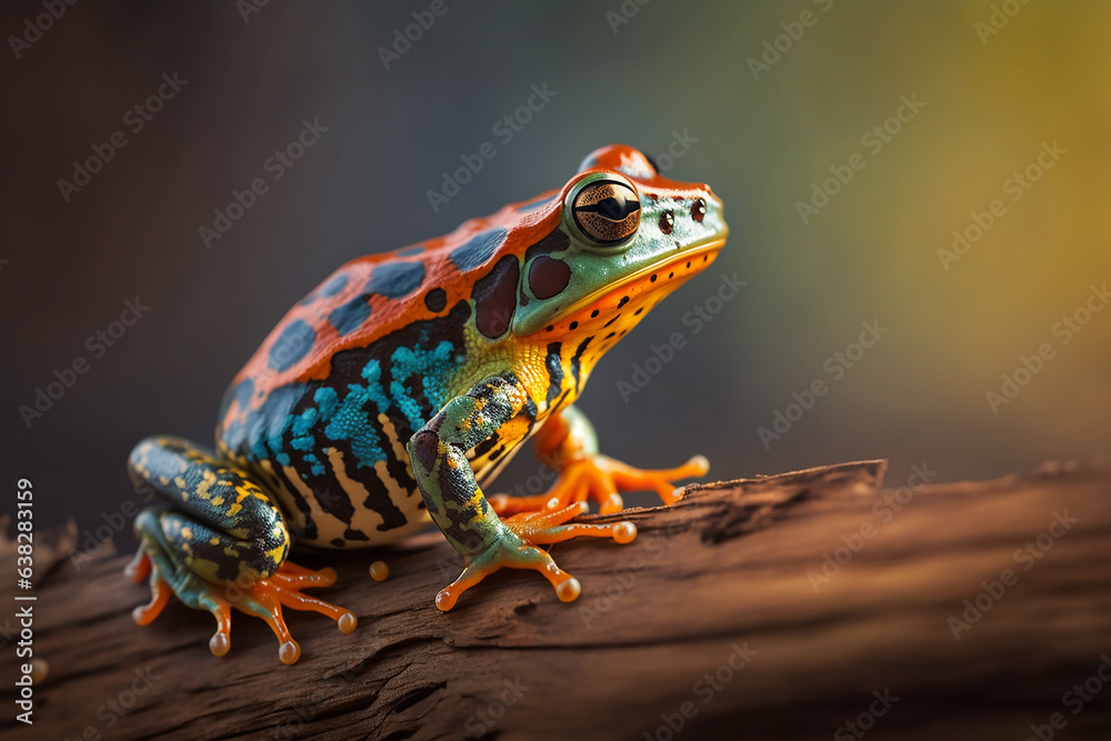 Beautiful poison frog with colorful skin climb up brown dry wood on ...