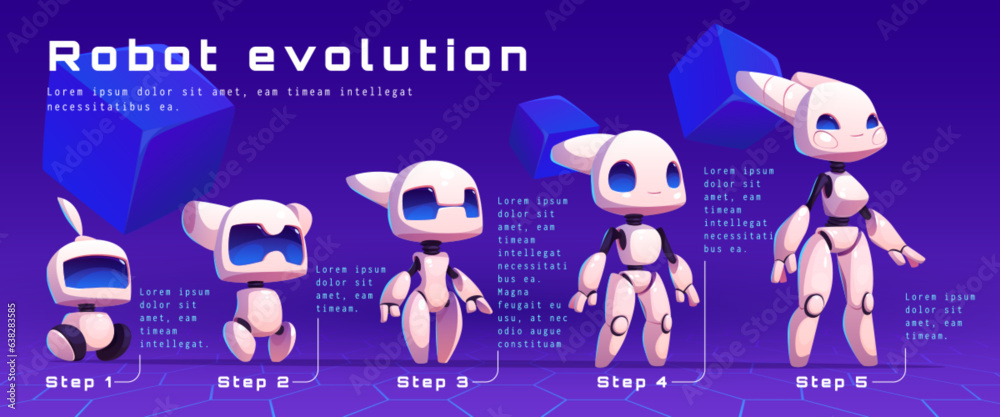 Cute ai robot character level evolution for game tech vector cartoon ...