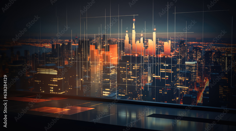 Futuristic city with straight line and glowing lights at night ...