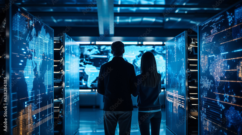 Artificial Intelligence Engineers Analyzing Advanced Data Visualizations in Futuristic Server ...