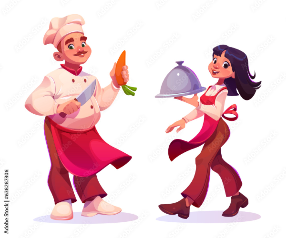 Chef cooking food on restaurant kitchen and waitress with dish. Man in ...