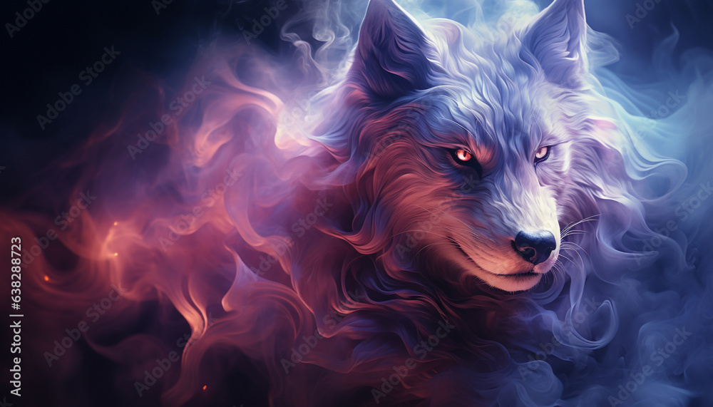 The contours of a wolf face in the mist. Mist texture. Paint water mix ...