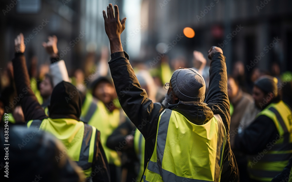 construction workers in yellow vests raise their hands in the air. AI ...