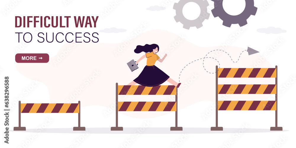 Difficult way to success. Strong businesswoman jumping over various ...
