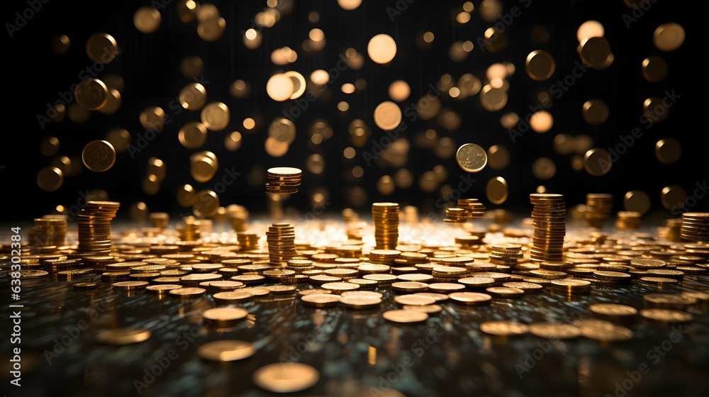 Cinematic scene of falling golden coins and stacks of coin towers, ai ...