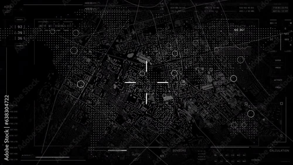 Map and city Satelite video monitoring spy detecting area.HUD 2GFX ...