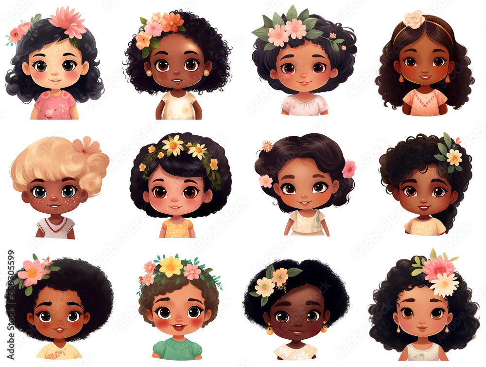 Cartoon smiling little girls faces, collection of kids avatars ...