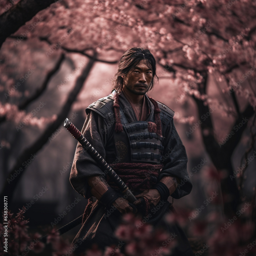 samurai in a fighting pose under a sakura tree from which petals fall ...
