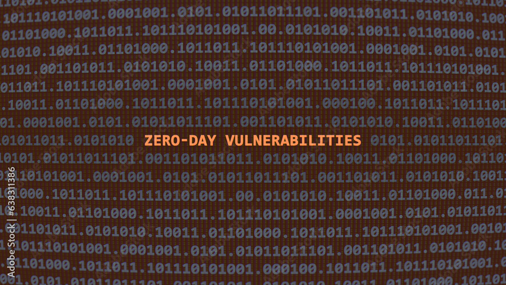 Cyber attack zero-day vulnerabilities. Vulnerability text in binary system ascii art style, code ...