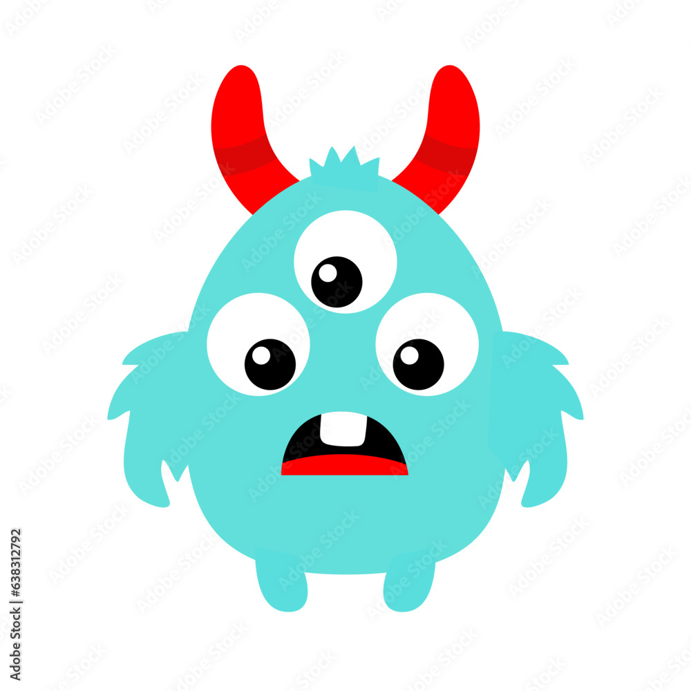 Monster. Happy Halloween. Cute head face with horns, fangs. Blue ...