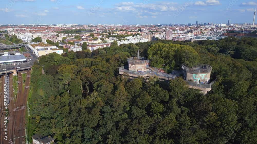 Railroad Station Gesundbrunnen. Wonderful aerial top view flight Flak ...