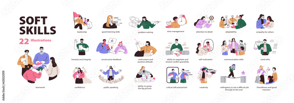 Soft skills for business, work, career. Personality abilities set ...