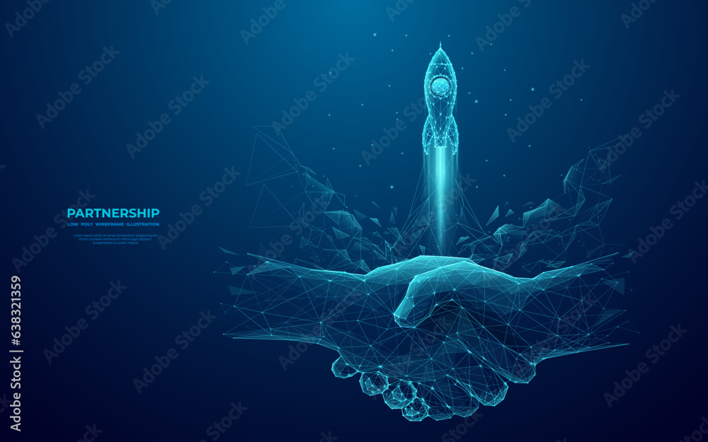 Abstract handshake and rocket launch. The digital conception of the ...