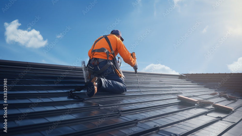 A Maintenance roof replacement, worker holding a bolting tool is ...