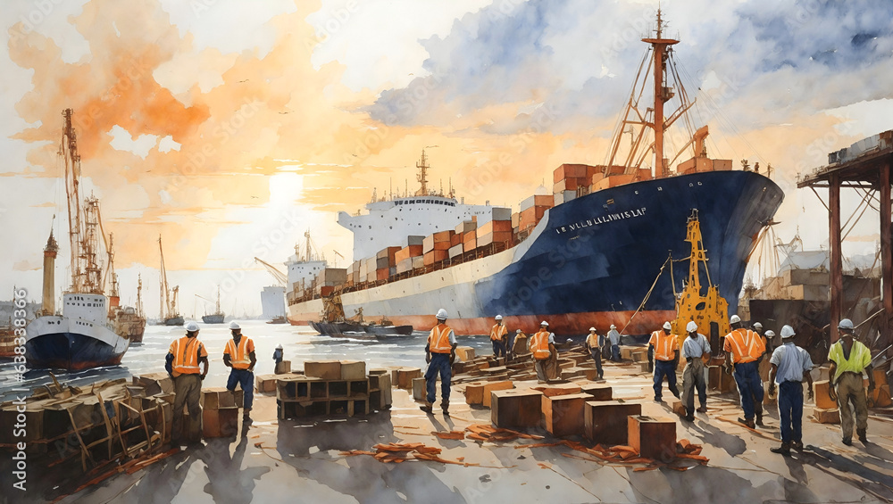 watercolor painting of people at a dock with cargo ships Stock ...