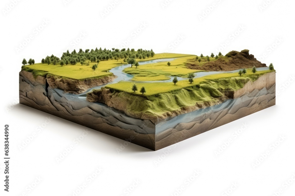 3D model cross section of land and river See the soil layers, rock ...