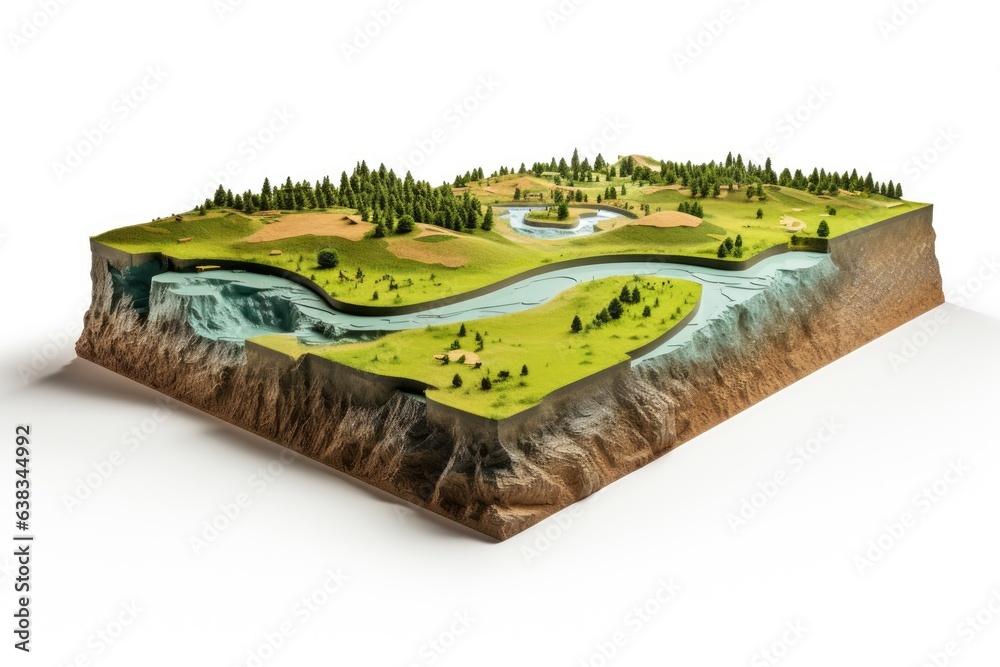 3D model cross section of land and river See the soil layers, rock ...