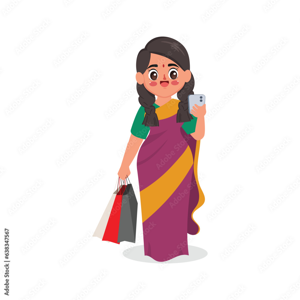 Tamil woman is shopping and payment on mobile banking. Young indian ...