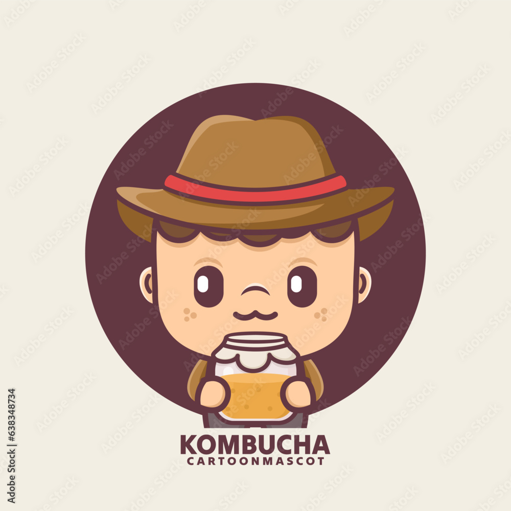 cute cartoon mascot with kombucha. vector illustrations with outline ...