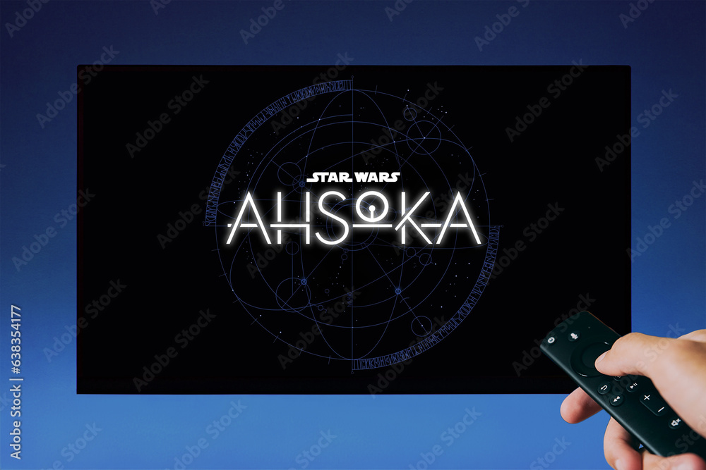 Logo of the series Star Wars: Ahsoka on TV screen Stock Photo | Adobe Stock