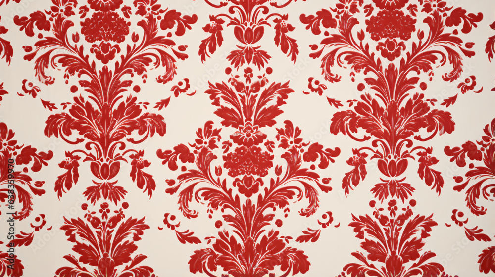 Red wallpaper vintage flock with red damask design on white background ...
