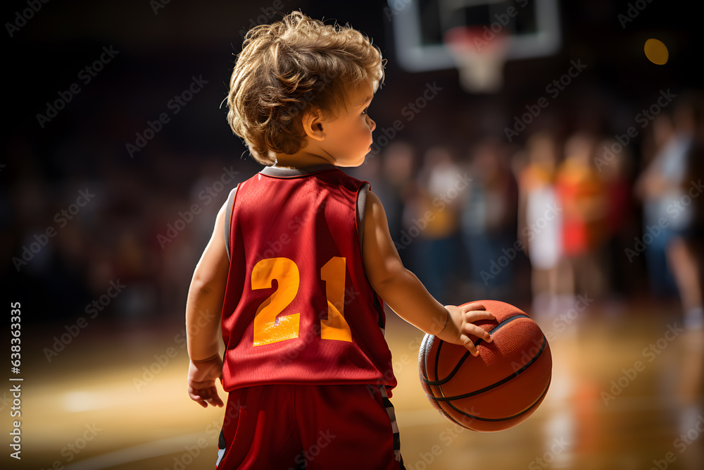 Kid basketball player holding a basketball on court along with audience ...
